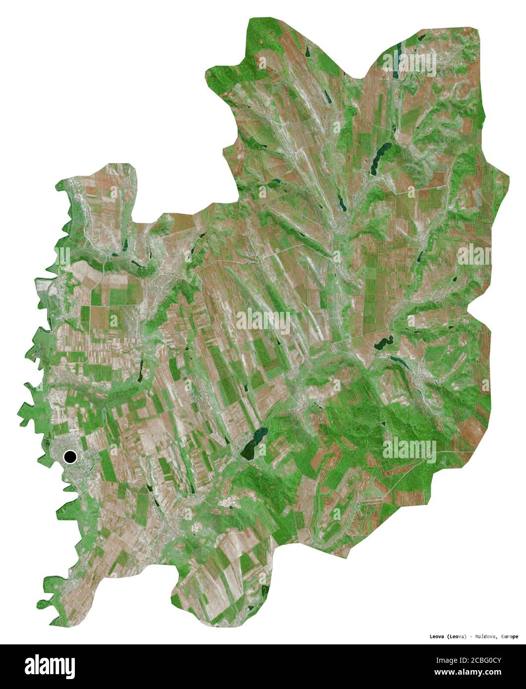 Shape of Leova, district of Moldova, with its capital isolated on white background. Satellite ...