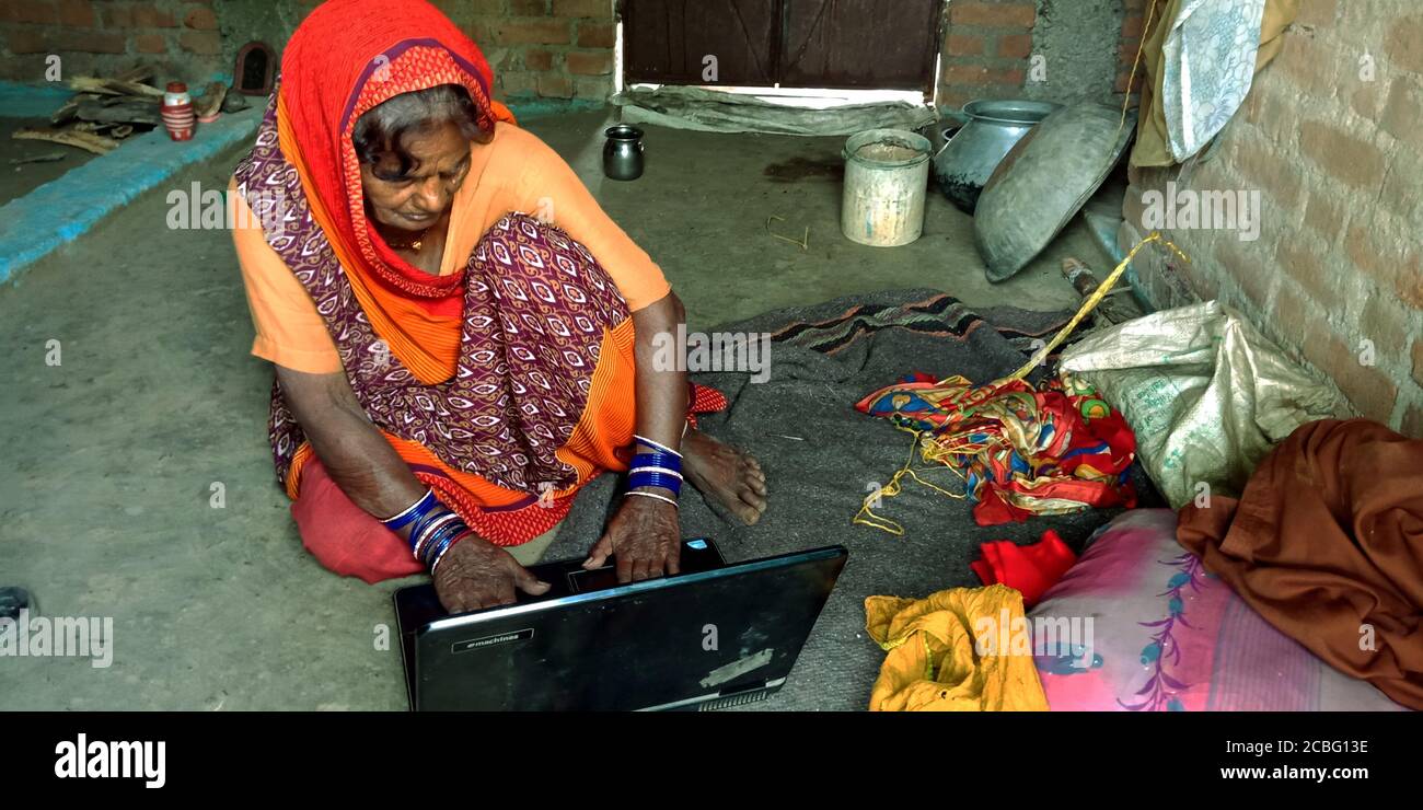 DISTRICT KATNI, INDIA - AUGUST 16, 2019: An indian village old lady ...