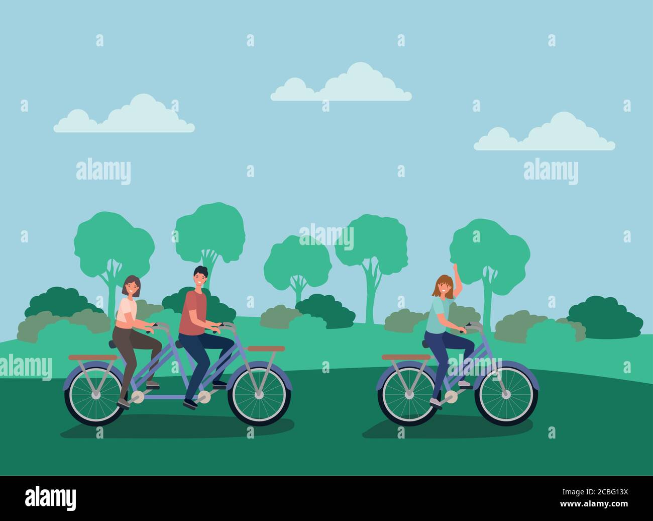 women and man cartoons riding bikes at park design, Nature outdoor and ...