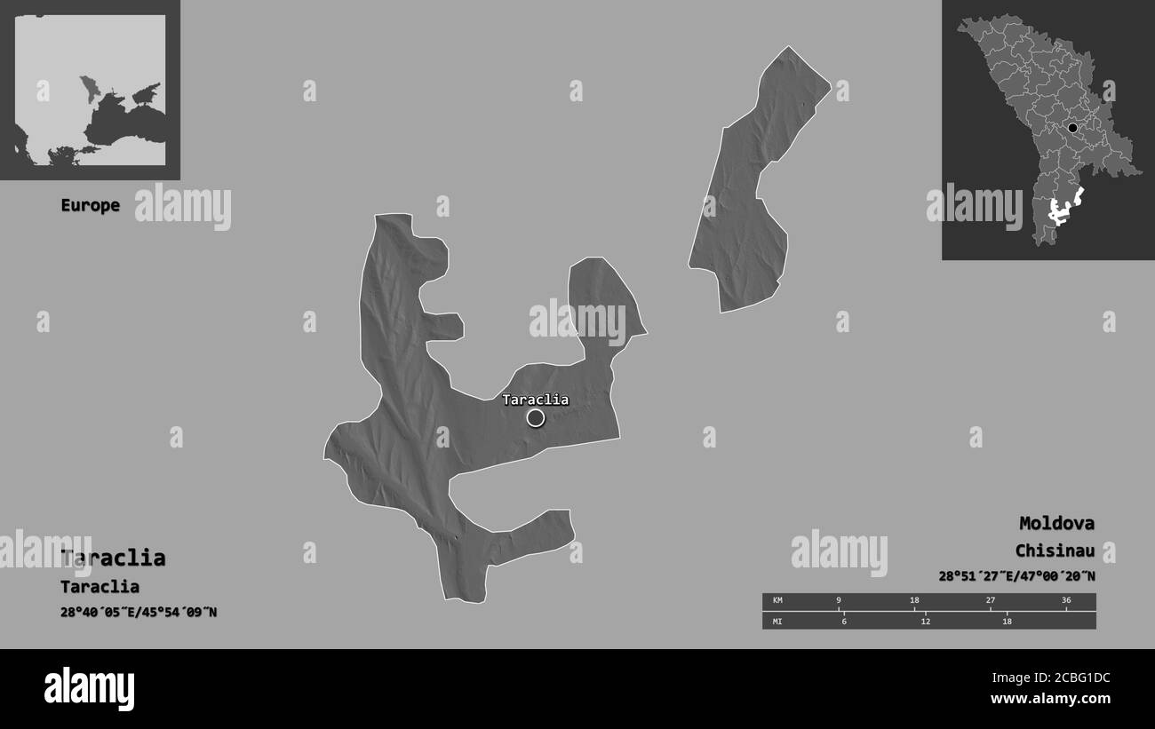 Shape of Taraclia, district of Moldova, and its capital. Distance scale ...