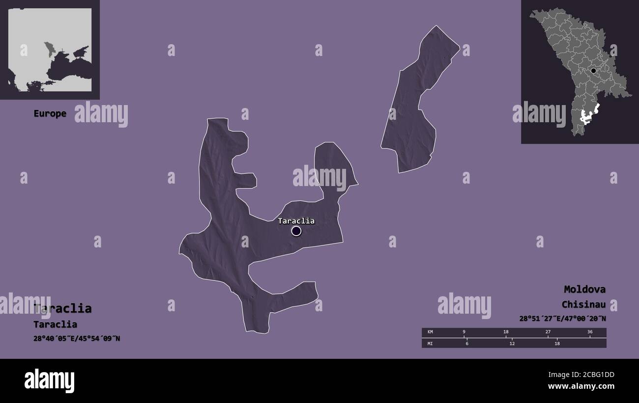 Shape of Taraclia, district of Moldova, and its capital. Distance scale ...