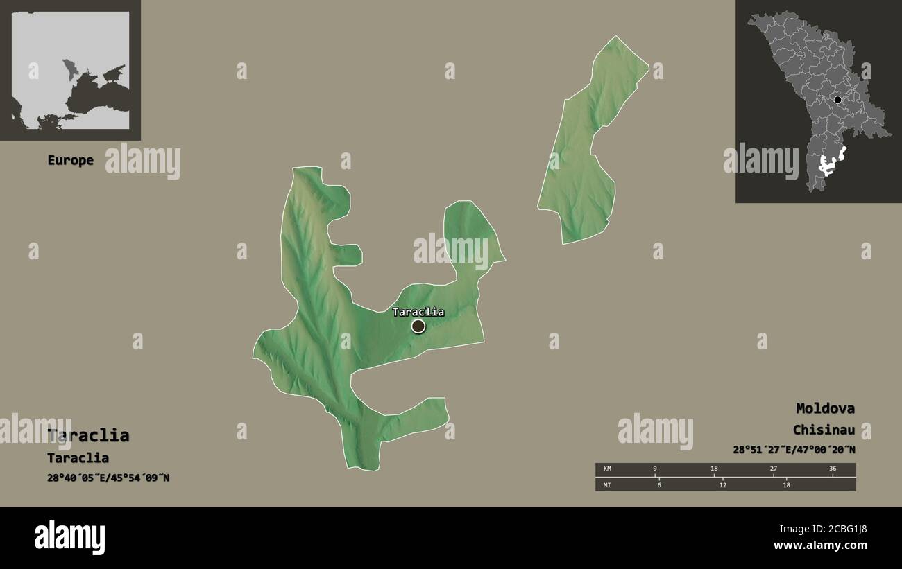 Shape of Taraclia, district of Moldova, and its capital. Distance scale ...