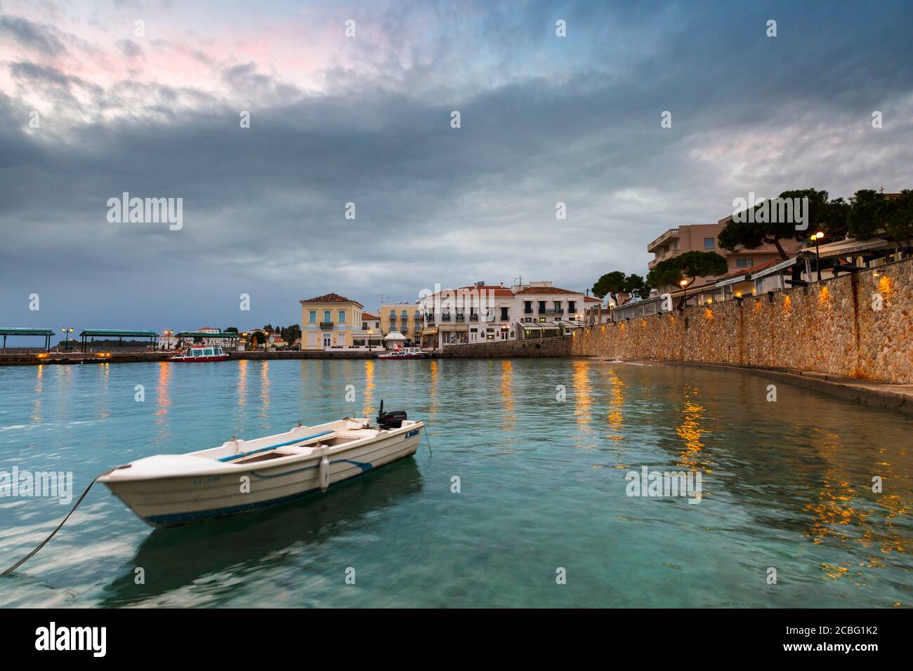 Morning view of Spetses village and its seafront, Greece Stock Photo ...