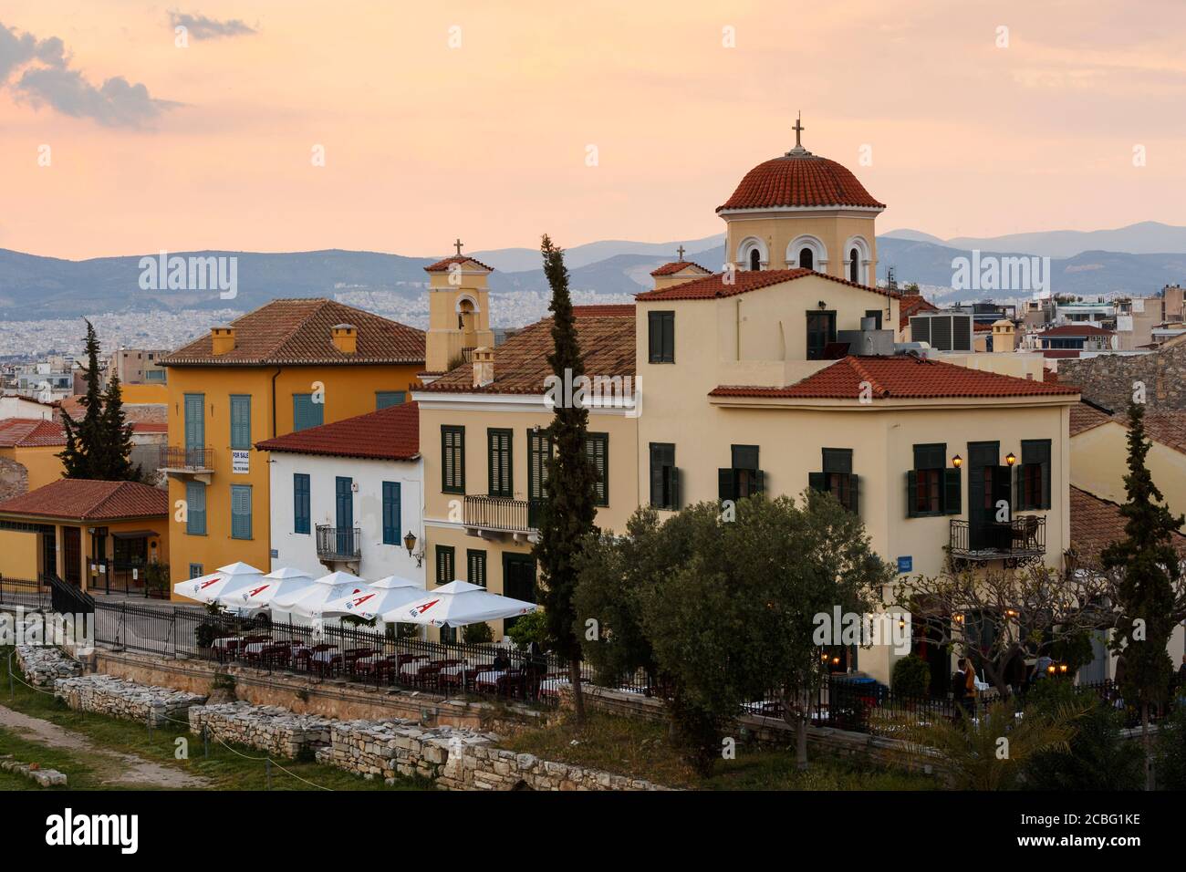 Church and neoclassical buildings in the old town of Athens, Greece ...