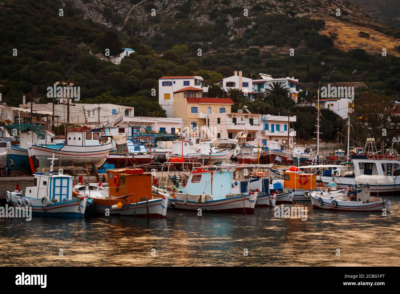 Fourni, Greece - April 28, 2018: View of the harbour in the main ...