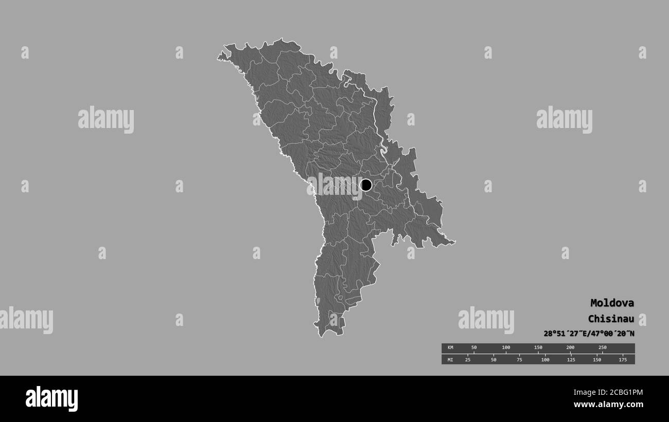 Desaturated shape of Moldova with its capital, main regional division ...