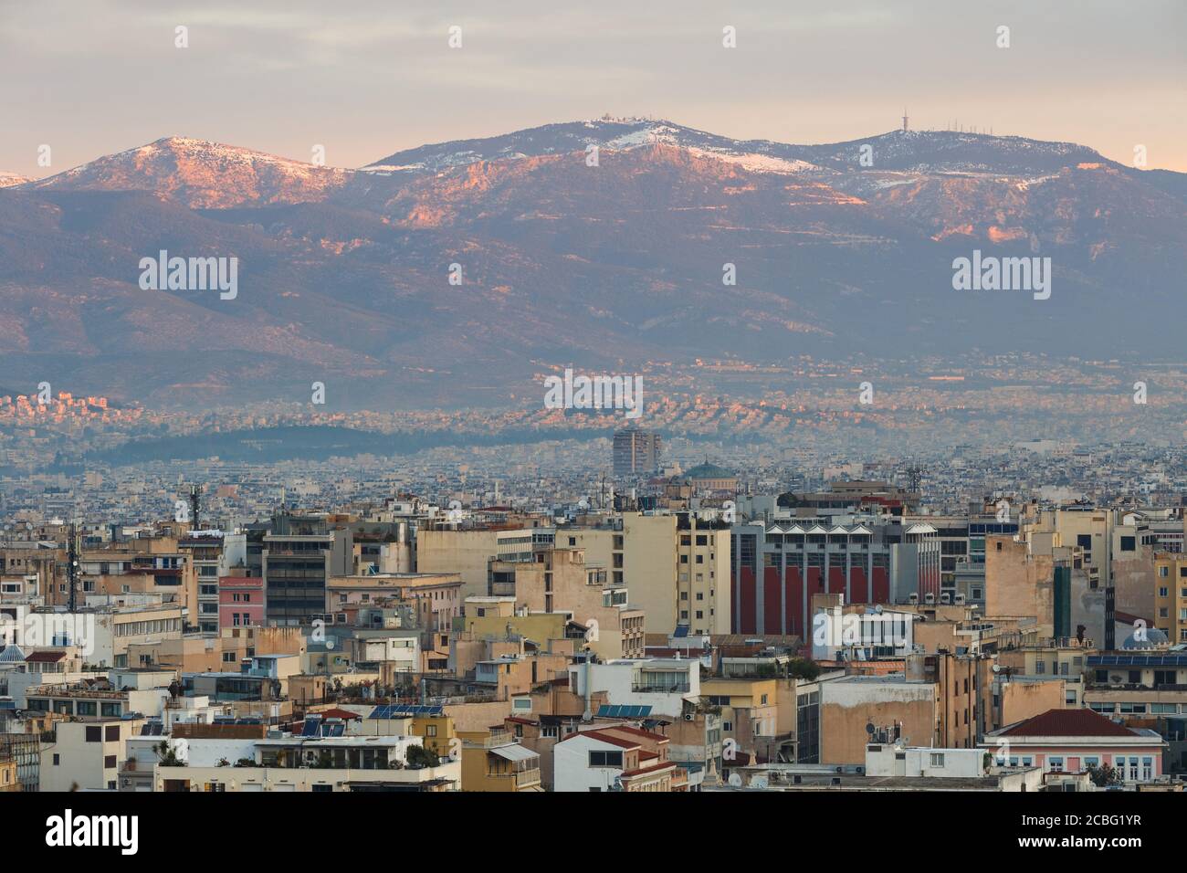 Athens, Greece - January 18, 2019: View of Parnitha mountain an city of ...