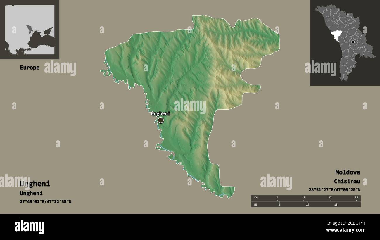 Shape of Ungheni, district of Moldova, and its capital. Distance scale ...