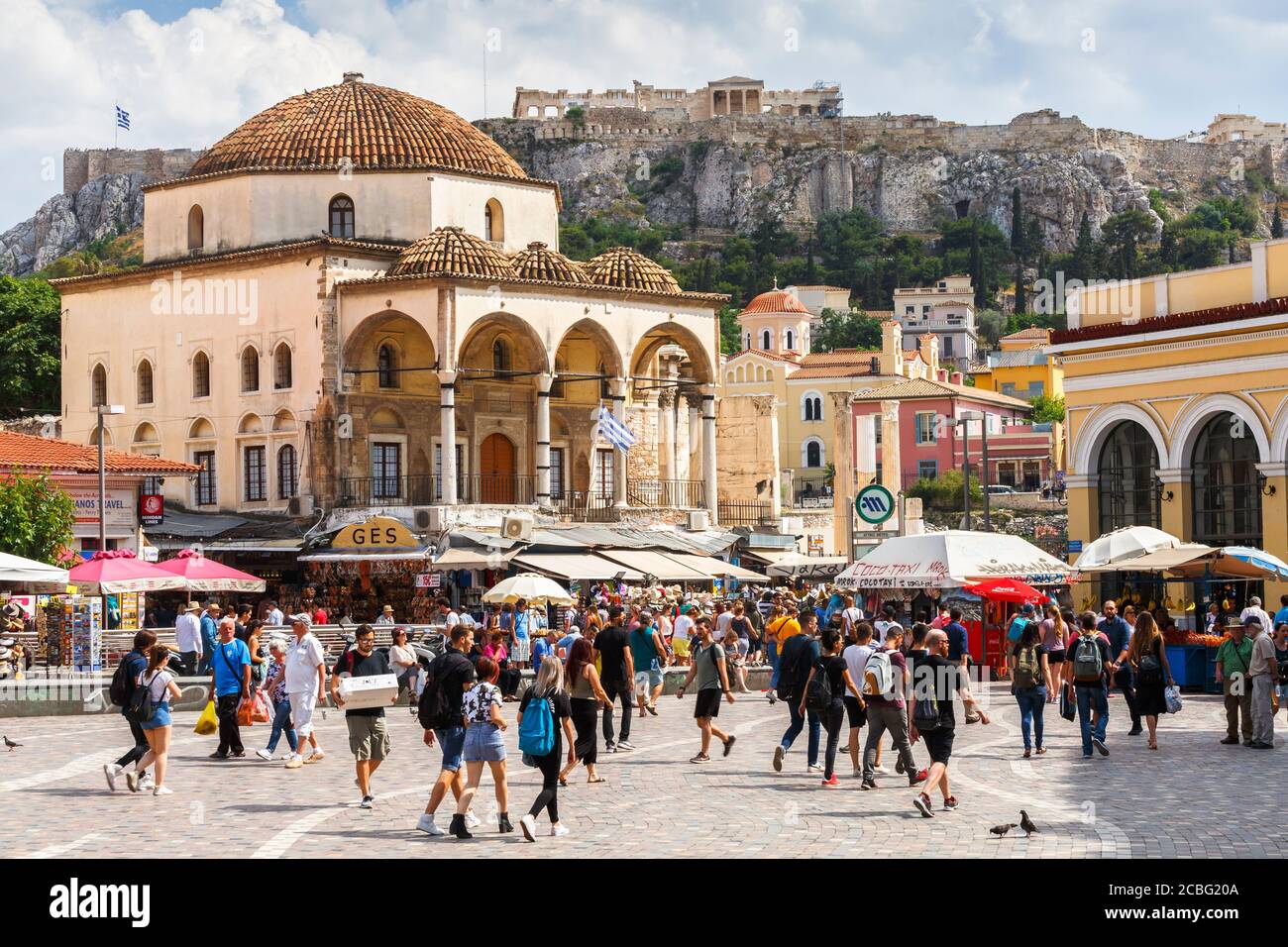 Athens, Greece - May 25, 2018: People in Monastiraki square and view of ...
