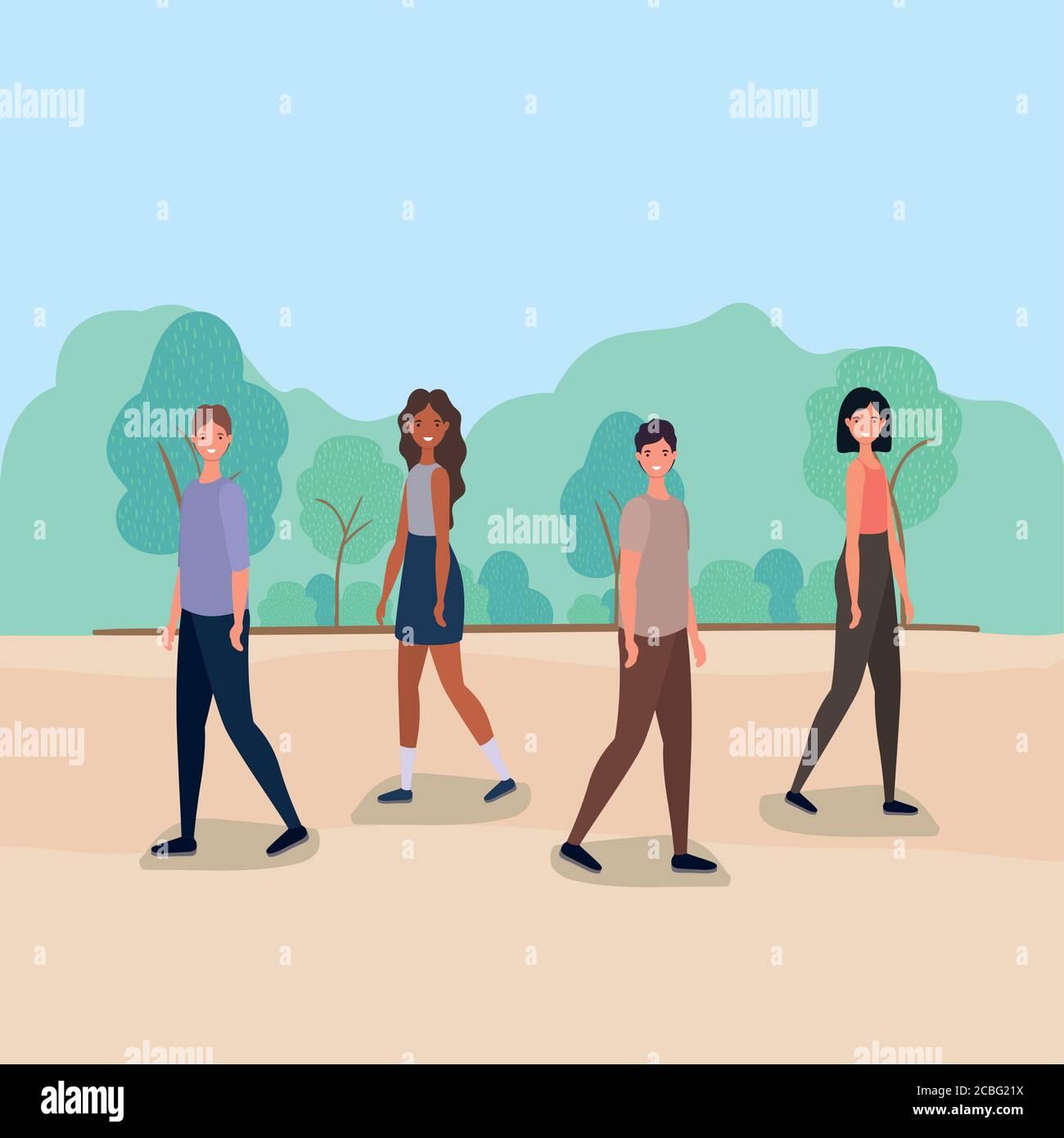 women and men cartoons walking at park design, Nature outdoor and ...