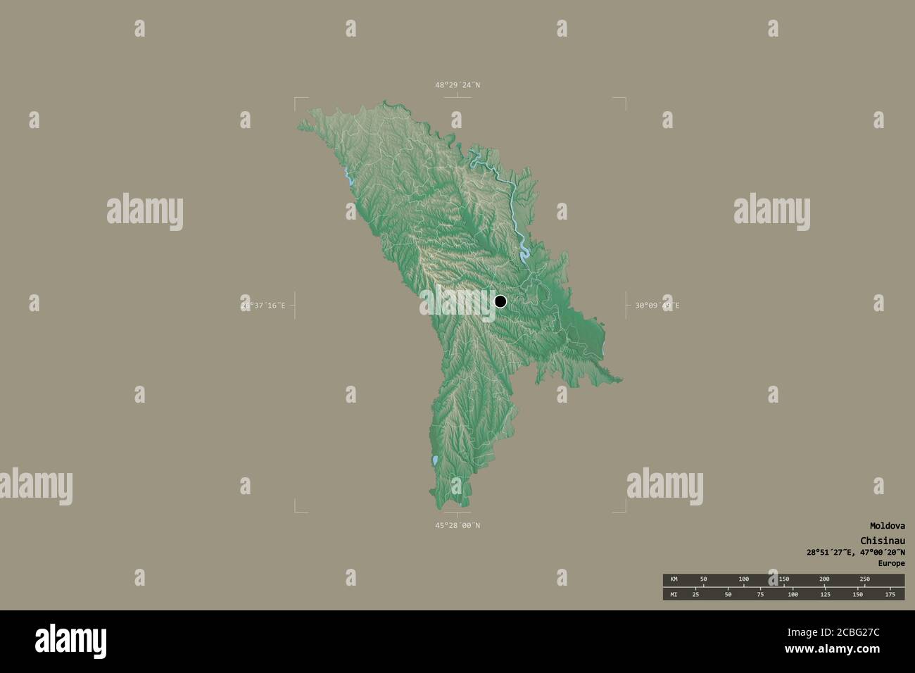 Area of Moldova isolated on a solid background in a georeferenced ...