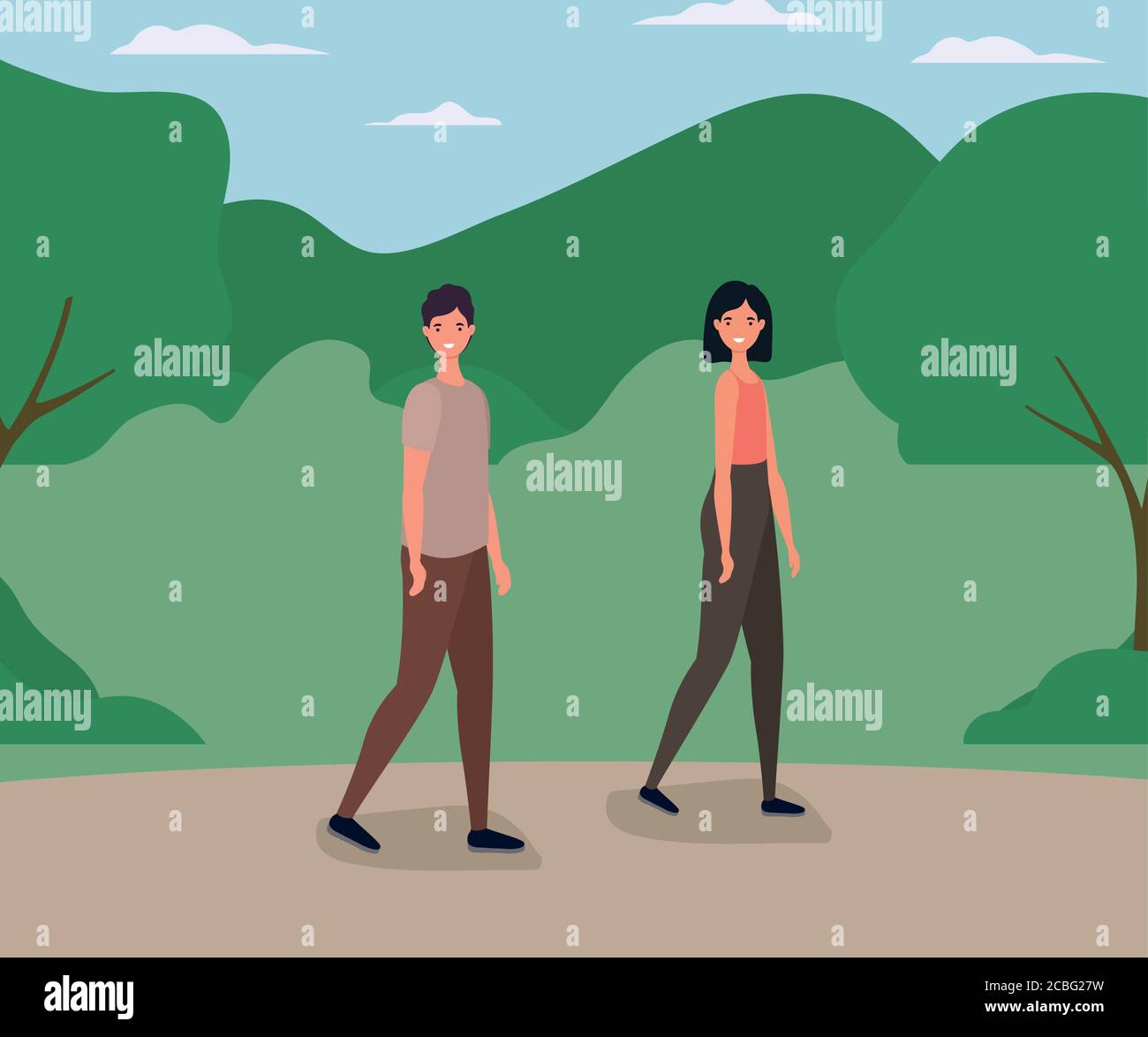 woman and man cartoons walking at park design, Nature outdoor and ...