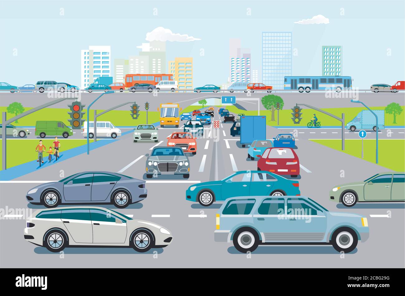 Road traffic with traffic jam at the intersection, illustration Stock ...
