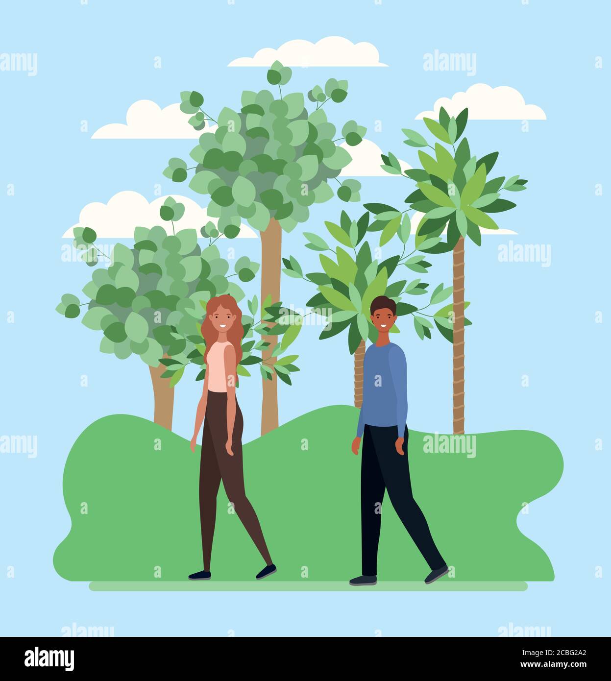 woman and man cartoons walking at park with trees design, Nature ...