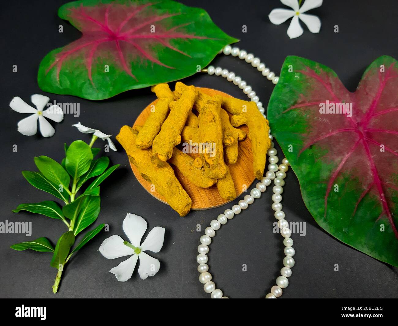 Turmeric, (Curcuma longa) with yellow flowers isolated on black ...