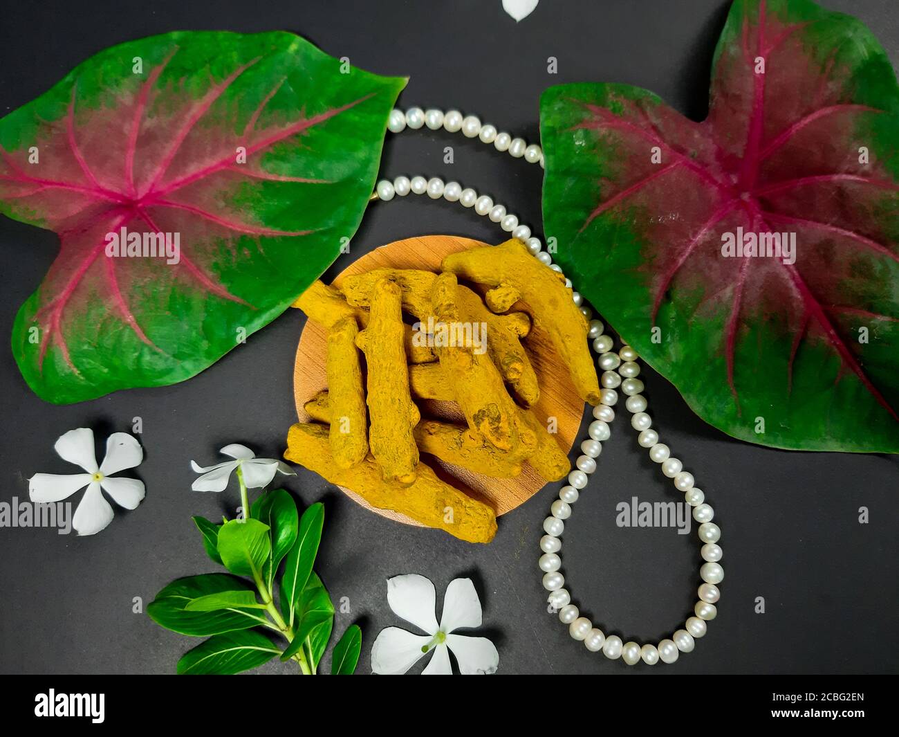 Turmeric, (Curcuma longa) with yellow flowers isolated on black ...