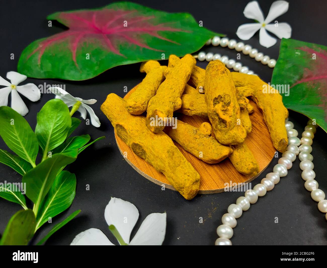 Turmeric, (Curcuma longa) with yellow flowers isolated on black ...