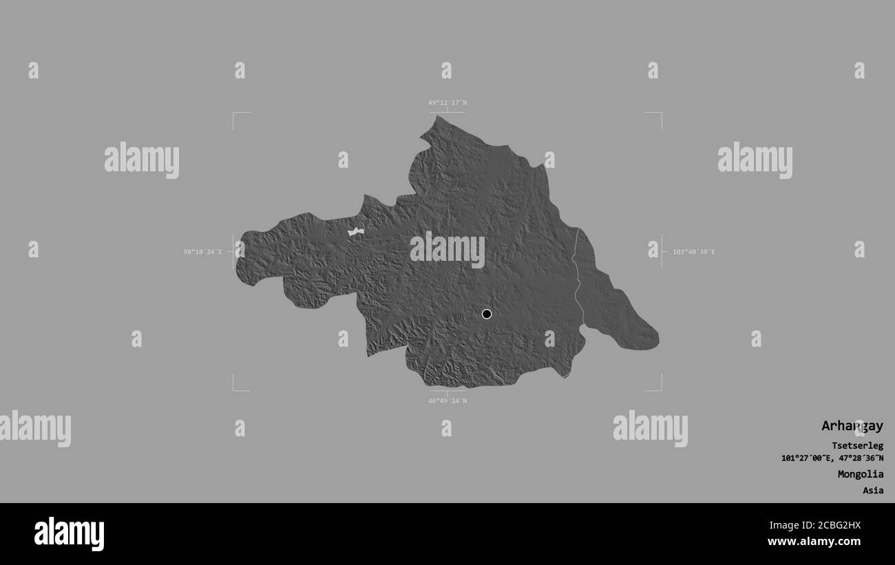 Area of Arhangay, province of Mongolia, isolated on a solid background ...