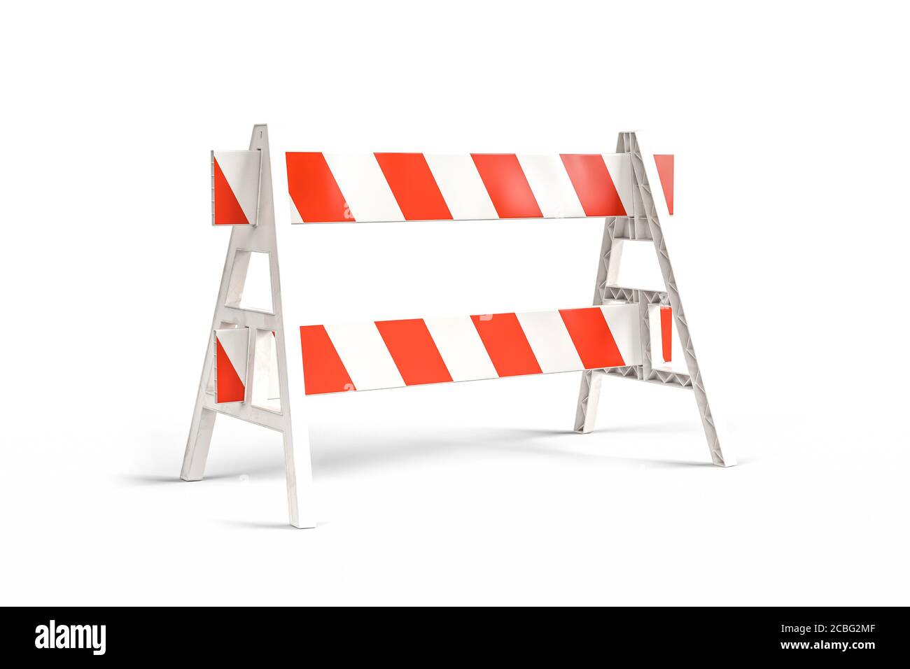 A red and white plastic a-frame barricade isolated on white background ...