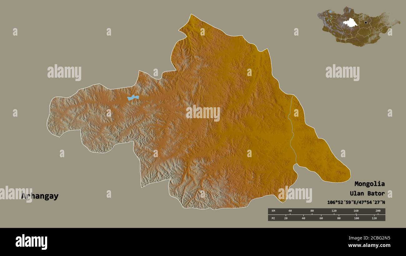 Shape of Arhangay, province of Mongolia, with its capital isolated on ...