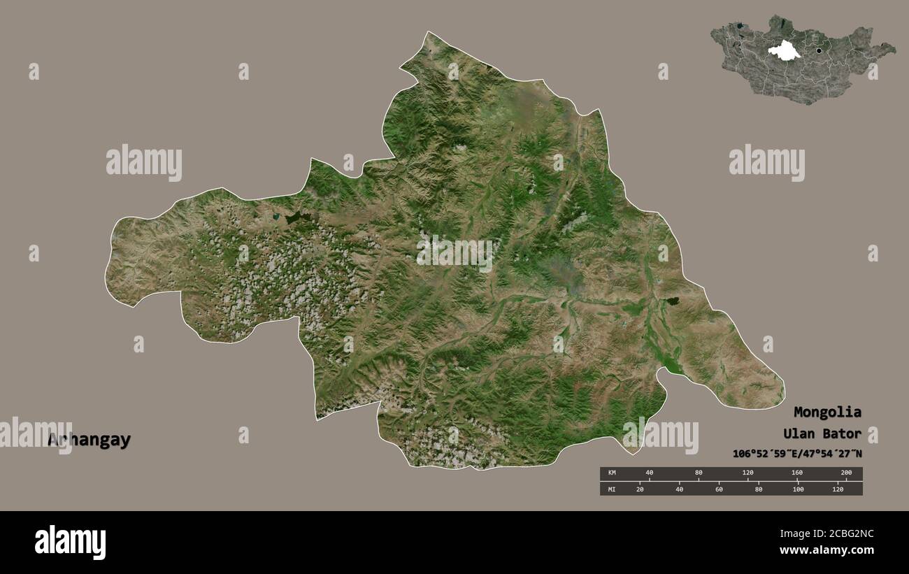 Shape of Arhangay, province of Mongolia, with its capital isolated on ...