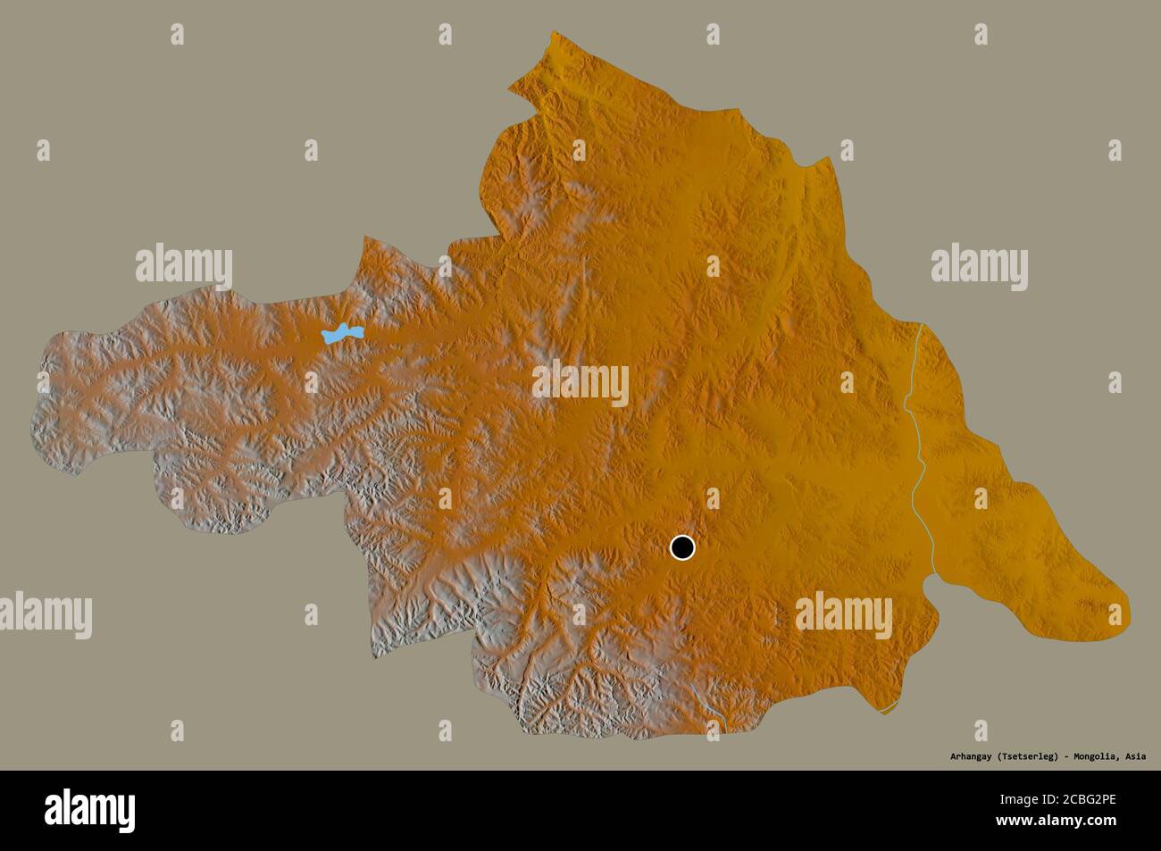 Shape of Arhangay, province of Mongolia, with its capital isolated on a ...