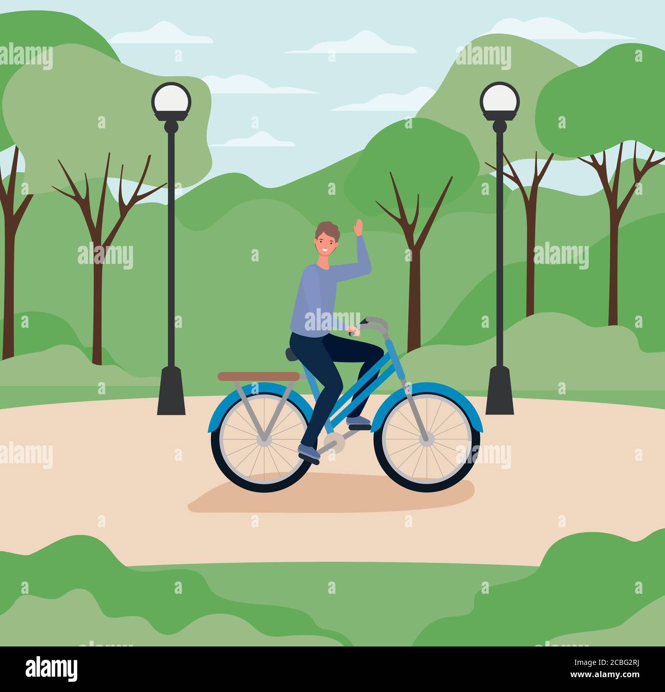 man cartoon riding bike at park with lamps design, Nature outdoor and ...