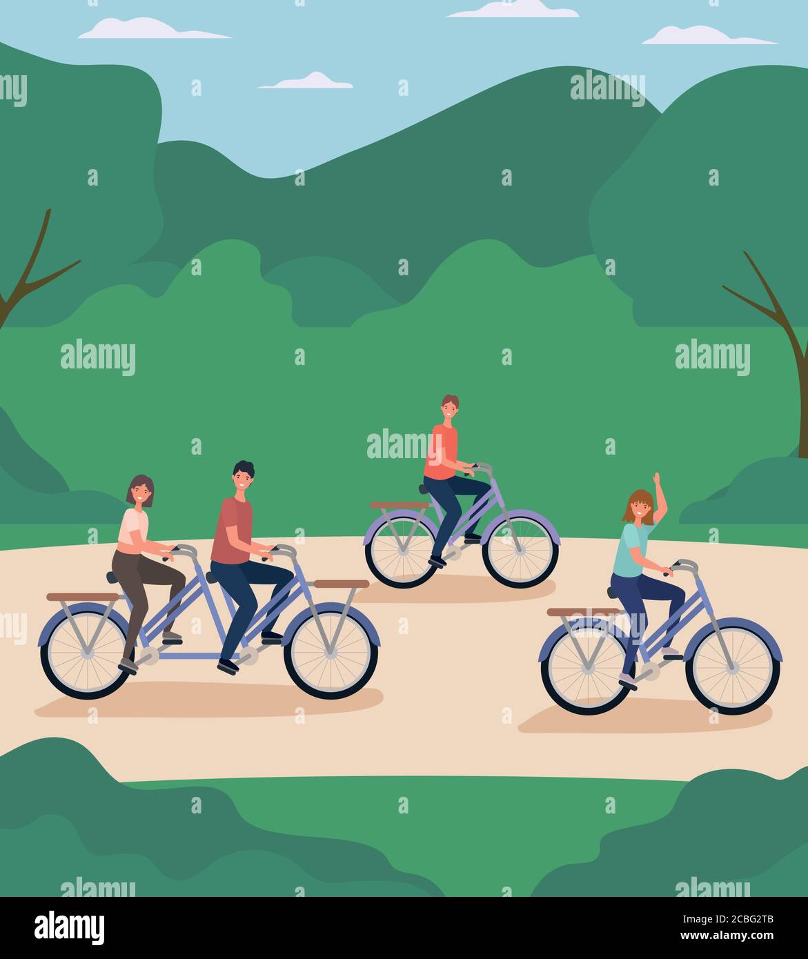women and men cartoons riding bikes at park design, Nature outdoor and ...