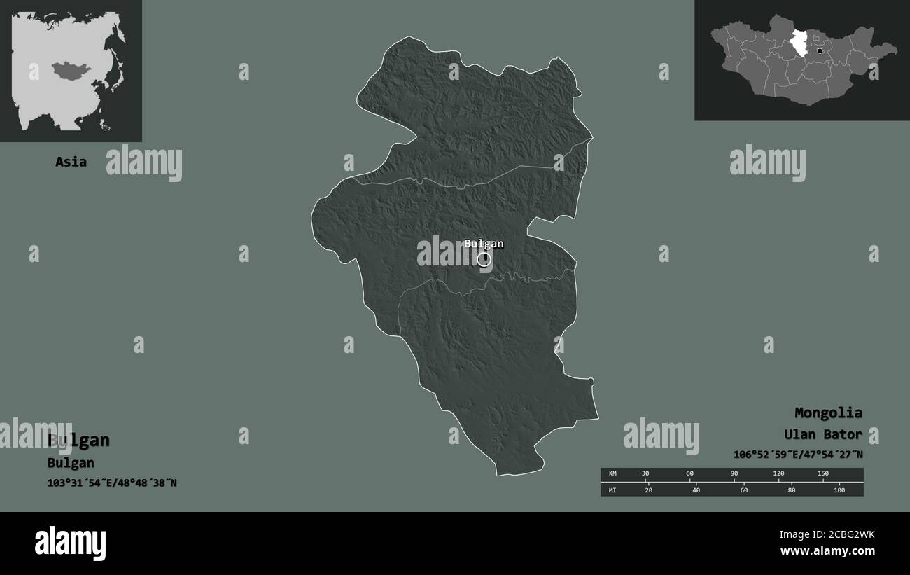 Shape of Bulgan, province of Mongolia, and its capital. Distance scale ...