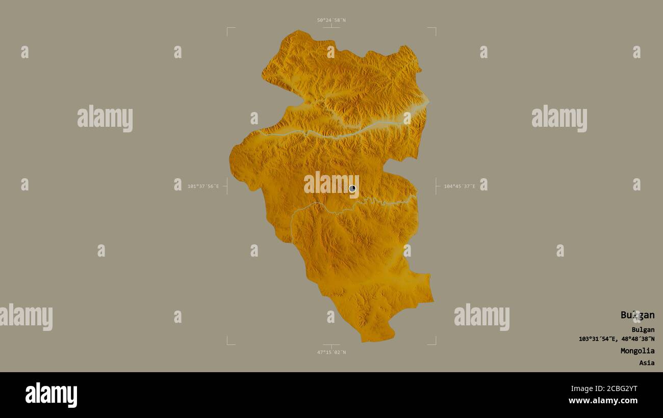 Area of Bulgan, province of Mongolia, isolated on a solid background in ...