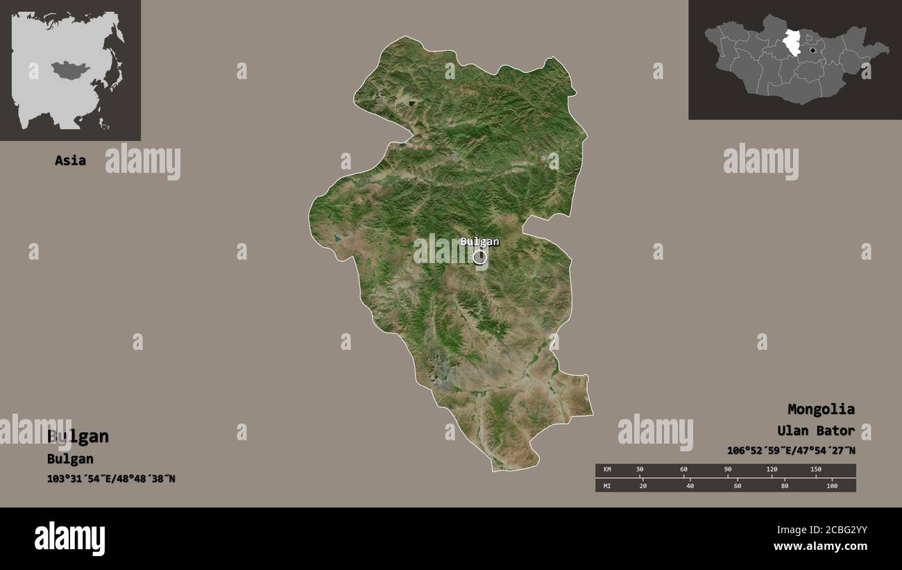 Shape of Bulgan, province of Mongolia, and its capital. Distance scale ...