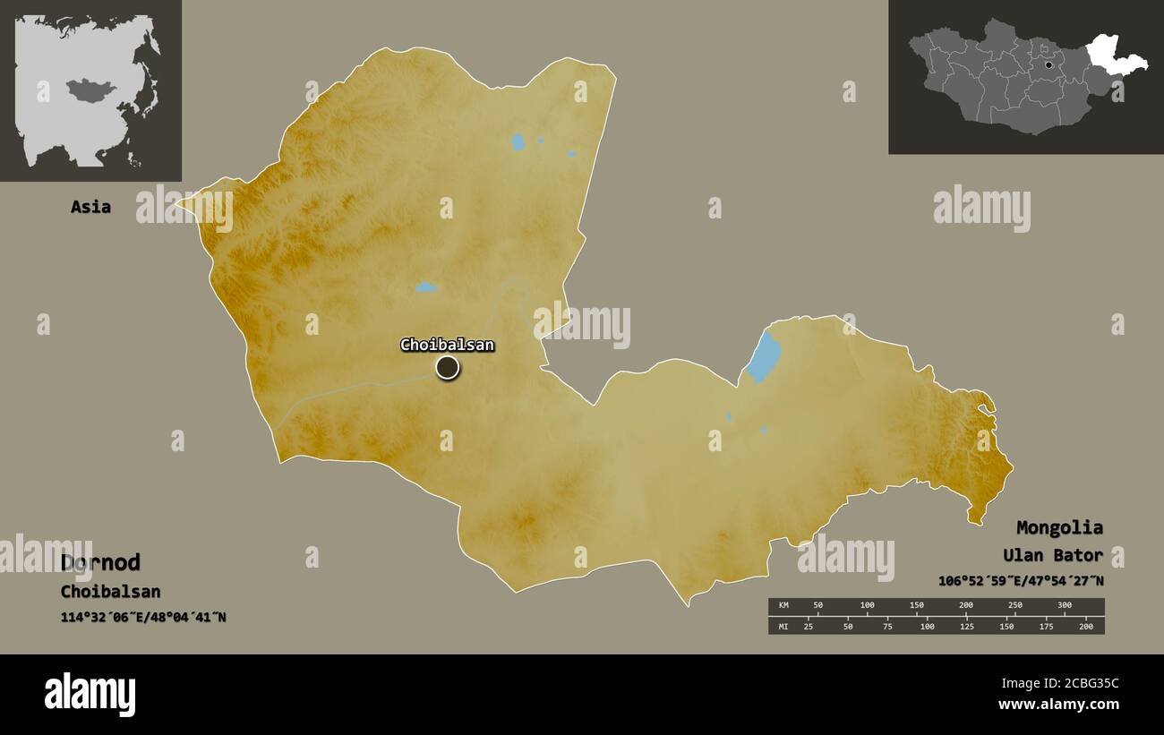 Shape of Dornod, province of Mongolia, and its capital. Distance scale ...