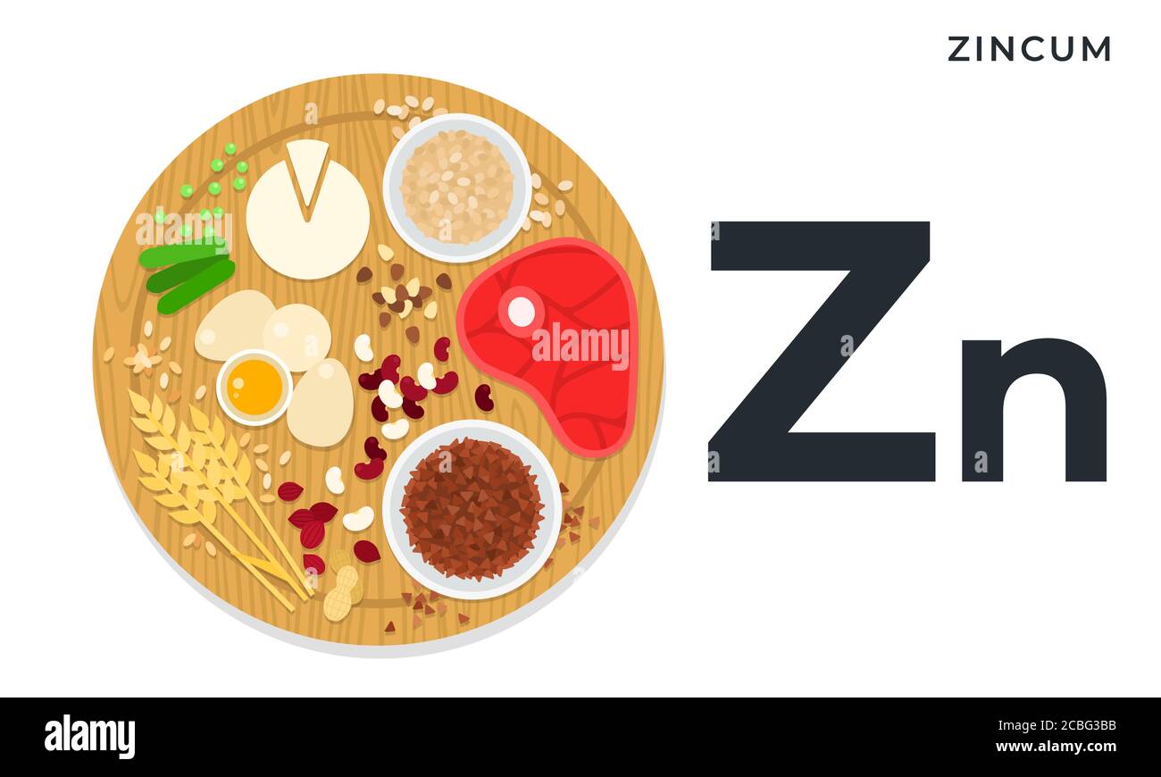 Vitamin Zn flat vector illustrations. Foods containing zincum. Diet ...