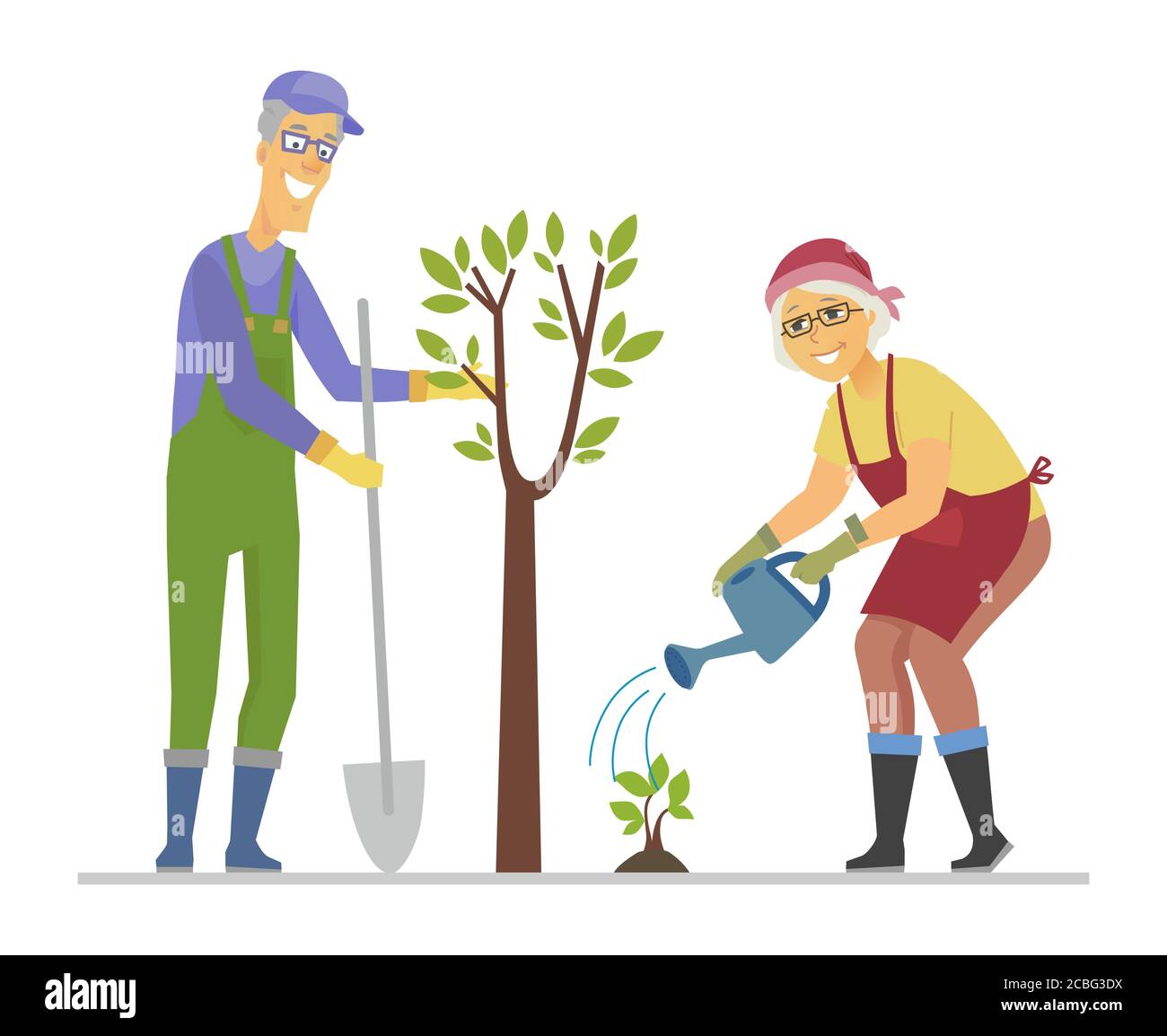 Senior people planting a tree - flat design style illustration Stock ...