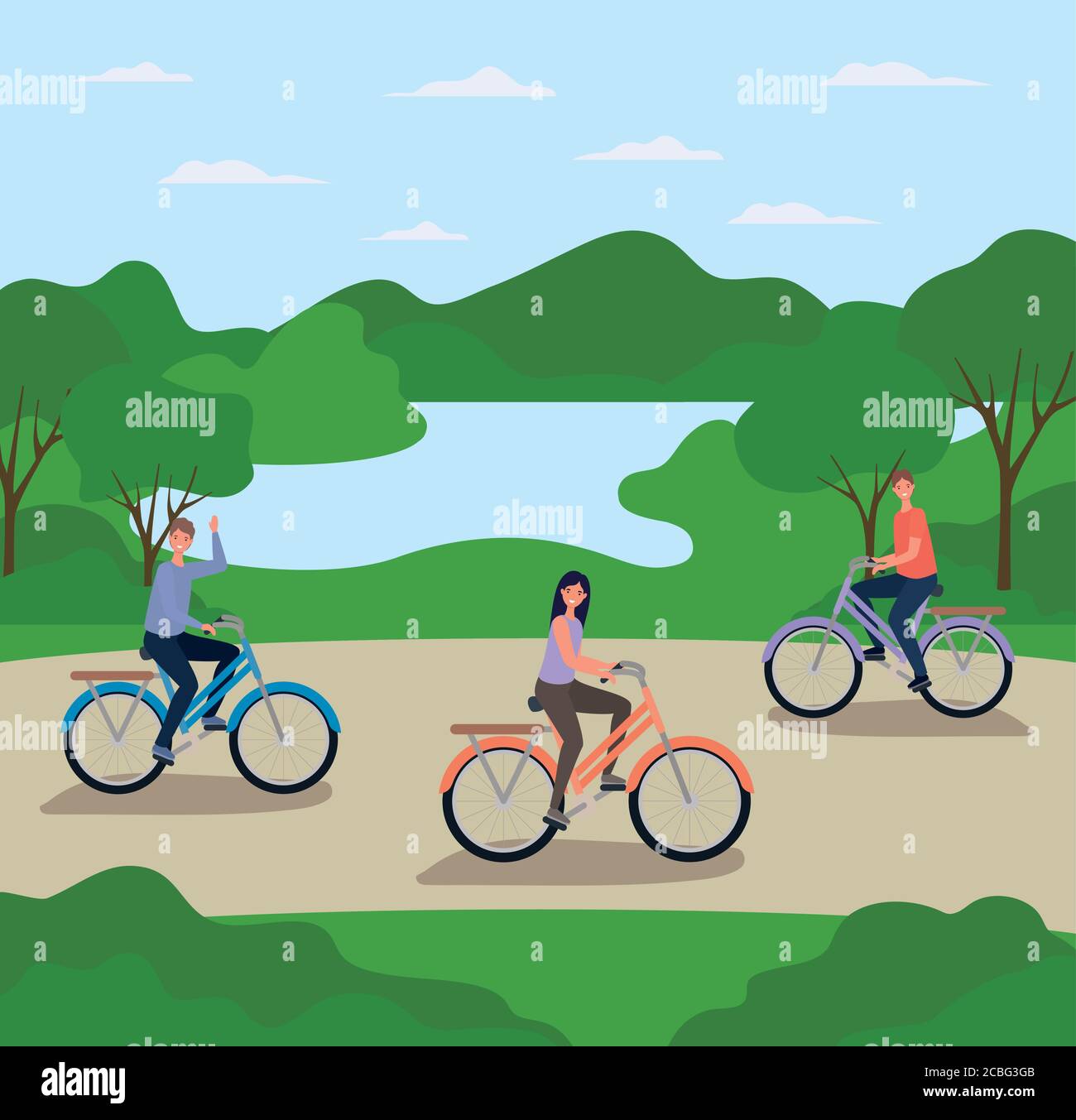 woman and men cartoons riding bikes at park design, Nature outdoor and ...