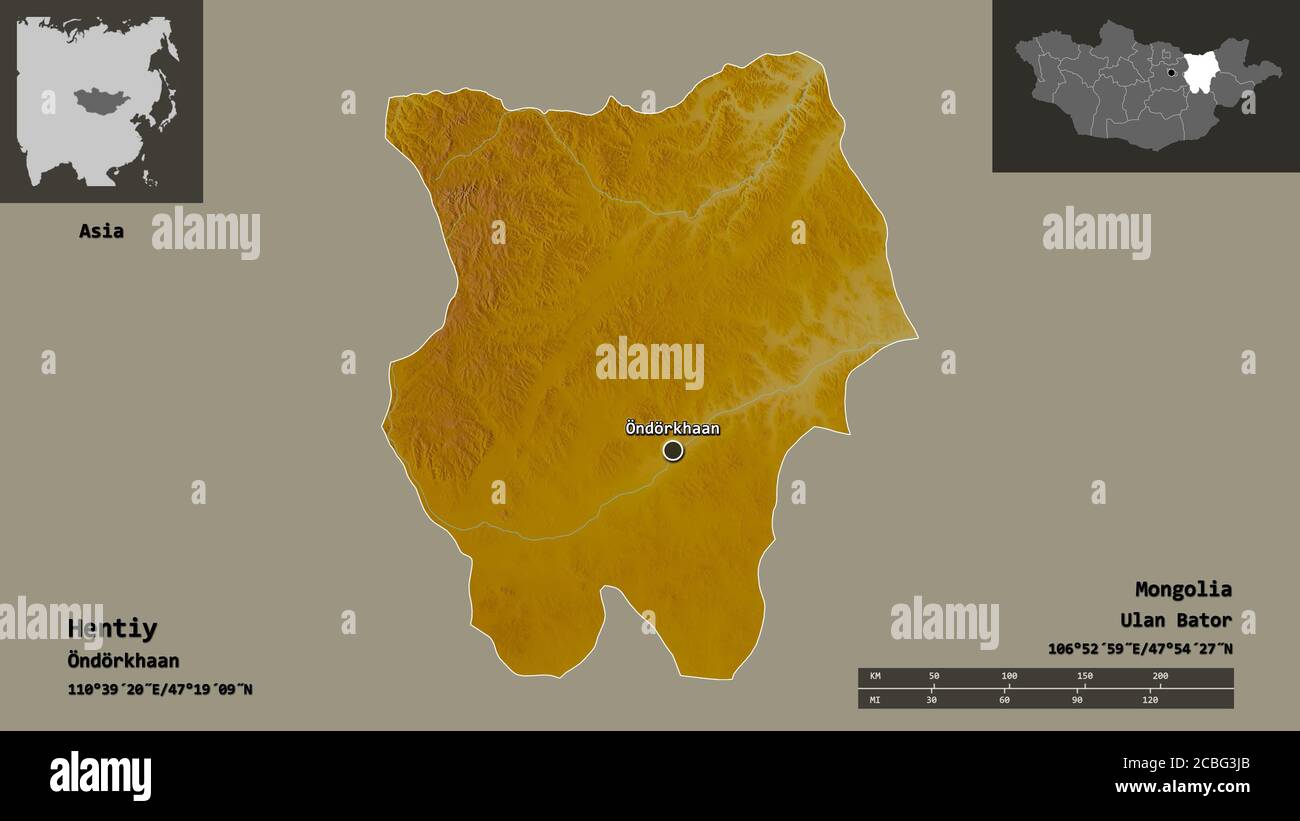 Shape of Hentiy, province of Mongolia, and its capital. Distance scale ...