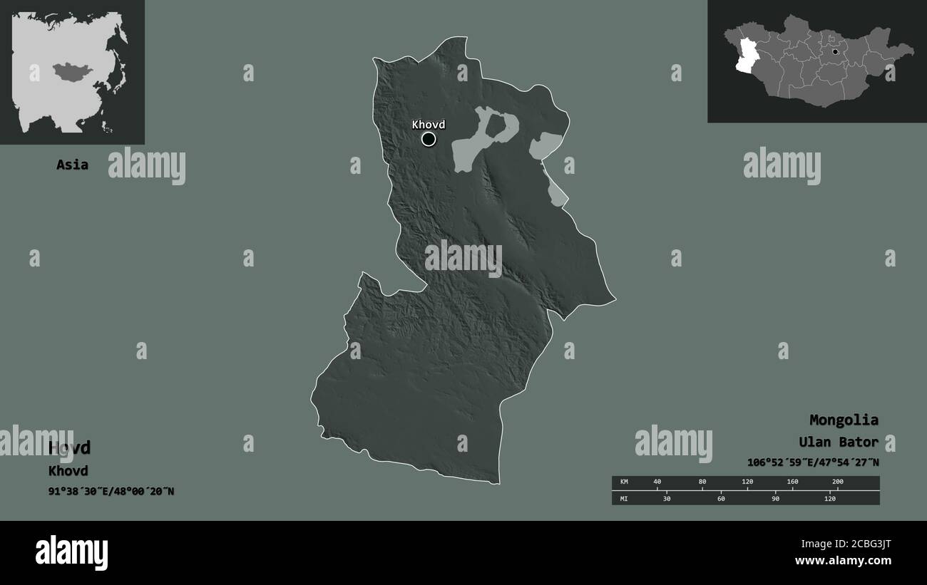 Shape of Hovd, province of Mongolia, and its capital. Distance scale ...