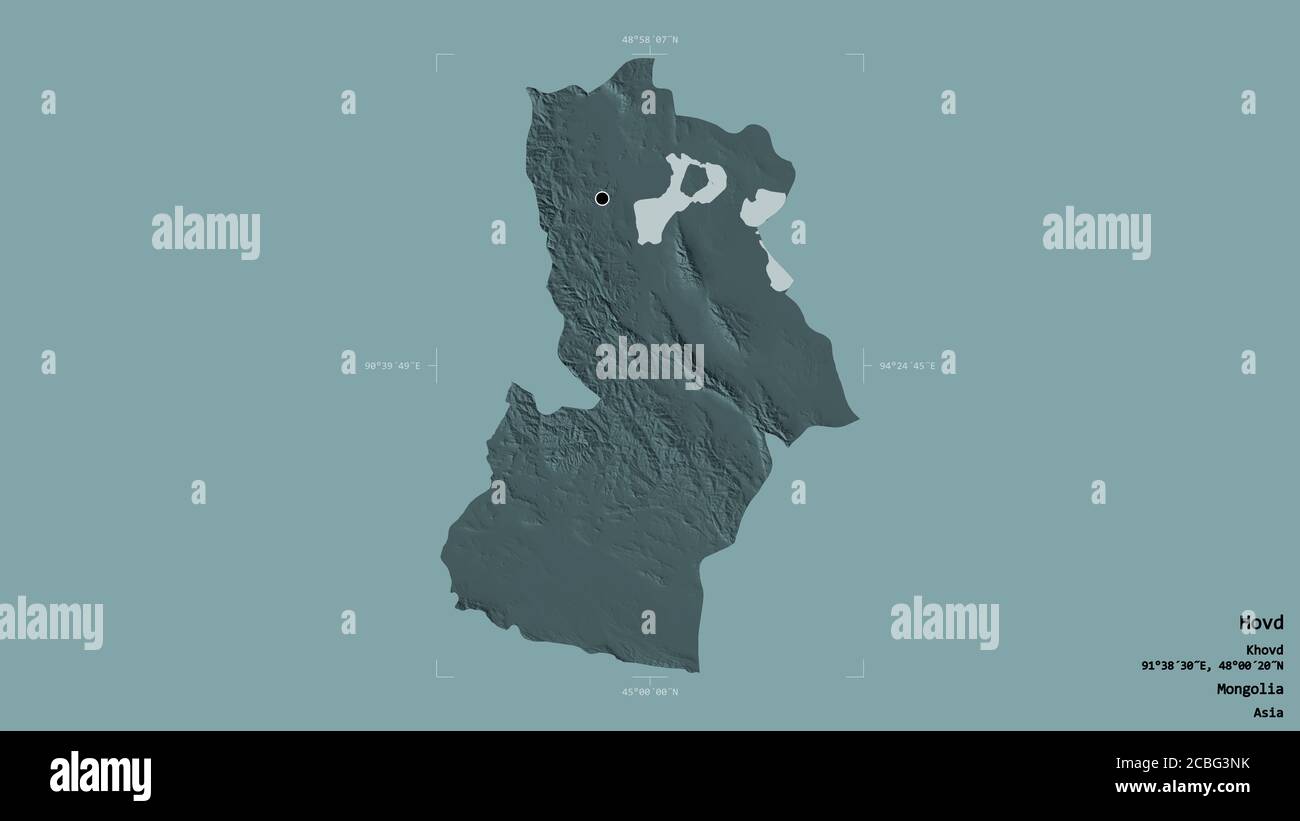 Area of Hovd, province of Mongolia, isolated on a solid background in a ...