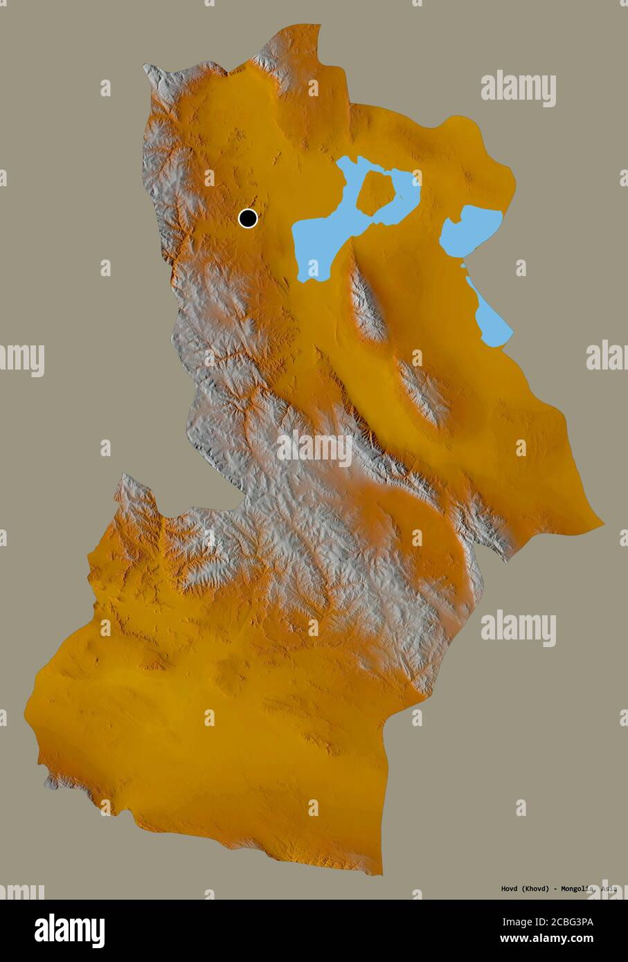 Shape of Hovd, province of Mongolia, with its capital isolated on a ...