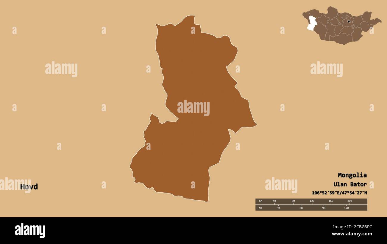 Shape of Hovd, province of Mongolia, with its capital isolated on solid ...
