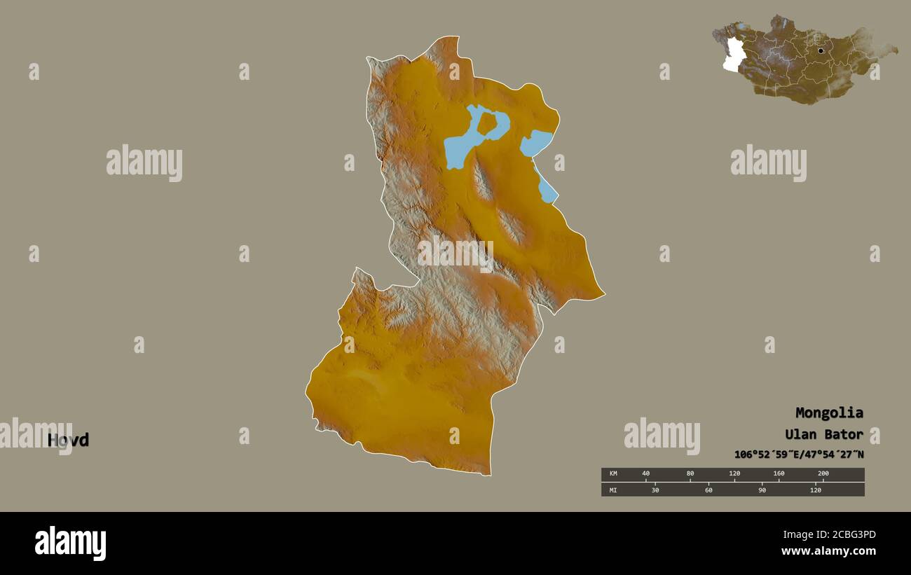 Shape of Hovd, province of Mongolia, with its capital isolated on solid ...