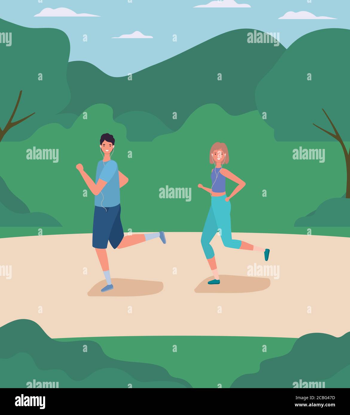 woman and man cartoons running at park design, Nature outdoor and ...