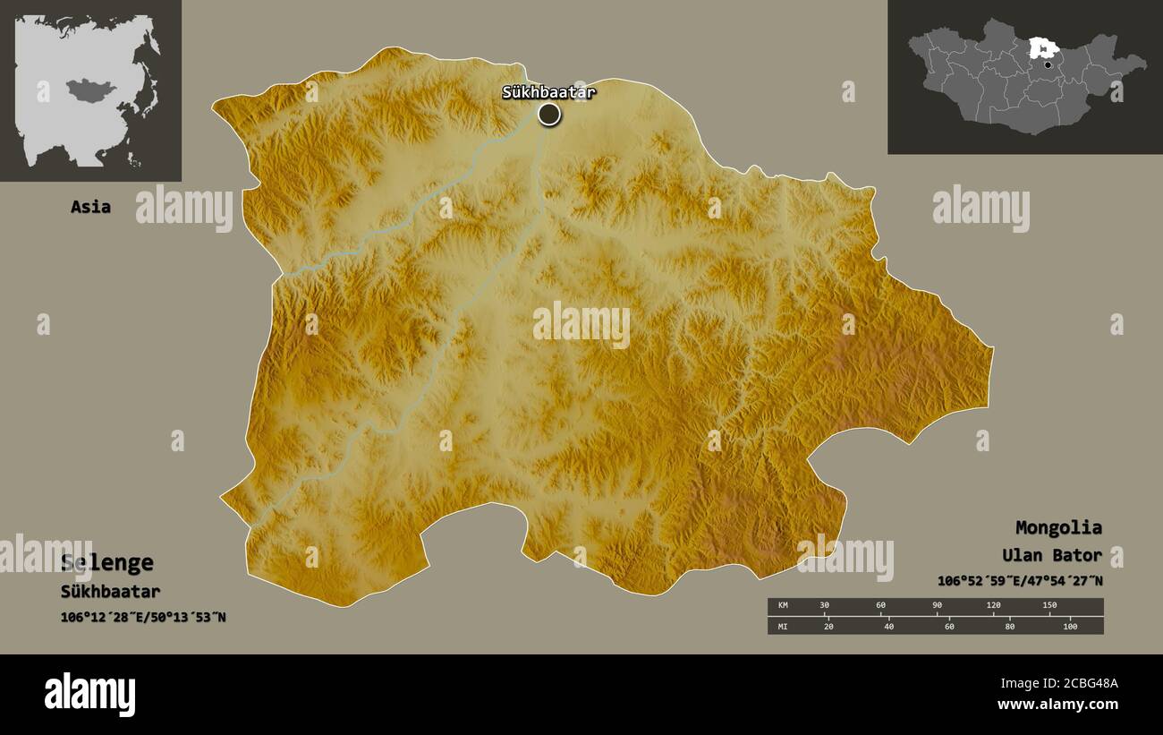 Shape of Selenge, province of Mongolia, and its capital. Distance scale ...