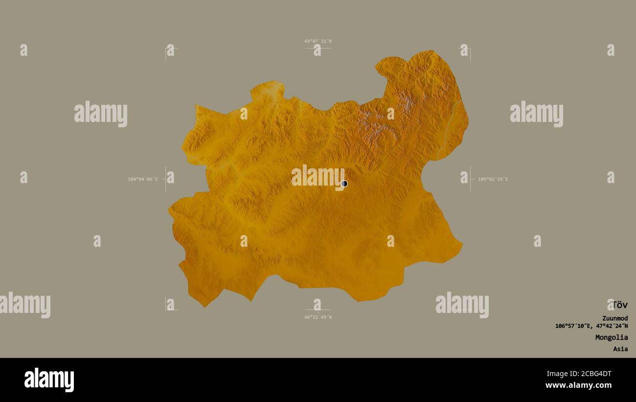 Area of Töv, province of Mongolia, isolated on a solid background in a ...