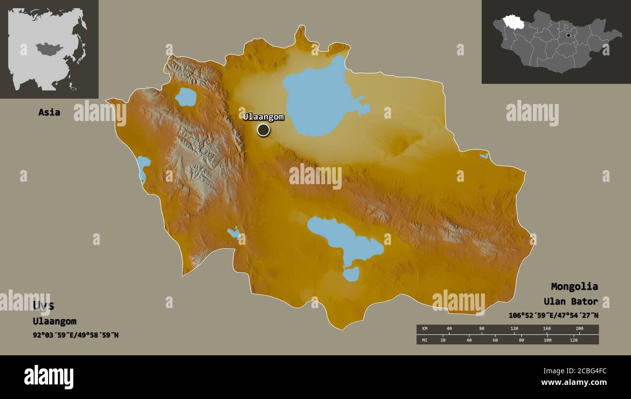 Shape of Uvs, province of Mongolia, and its capital. Distance scale ...