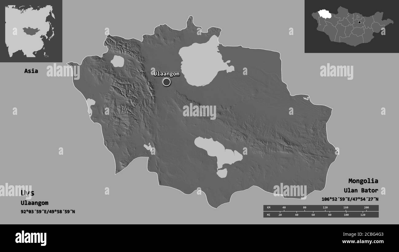 Shape of Uvs, province of Mongolia, and its capital. Distance scale ...