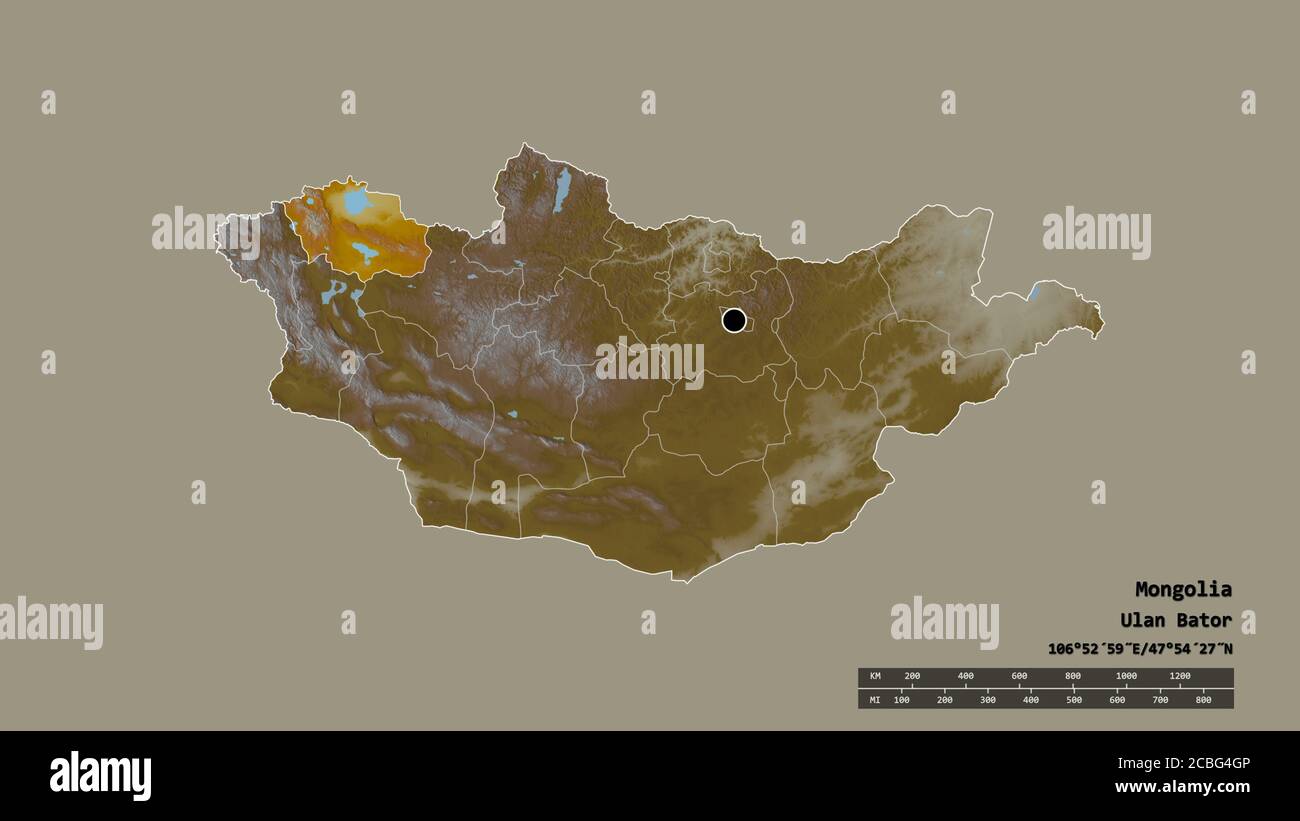 Desaturated shape of Mongolia with its capital, main regional division ...