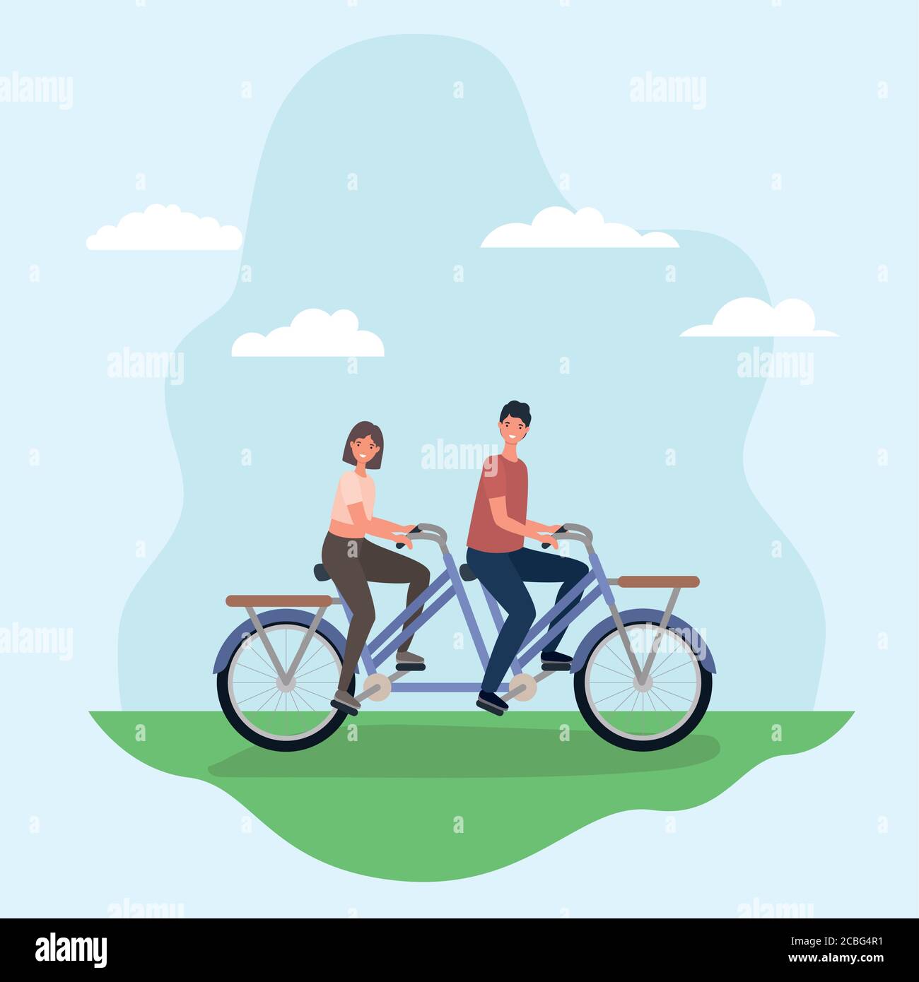 woman and man cartoons riding double bike at park design, Nature ...