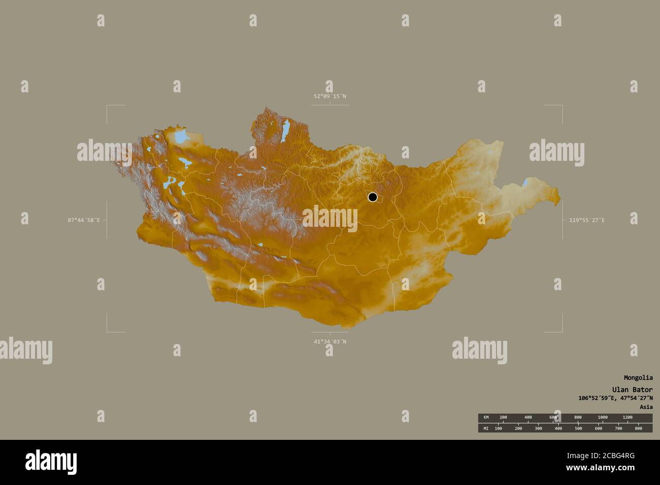 Area of Mongolia isolated on a solid background in a georeferenced ...