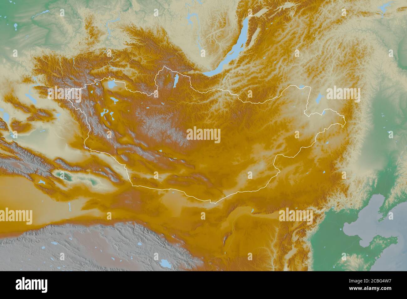 Extended area of outlined Mongolia. Topographic relief map. 3D ...